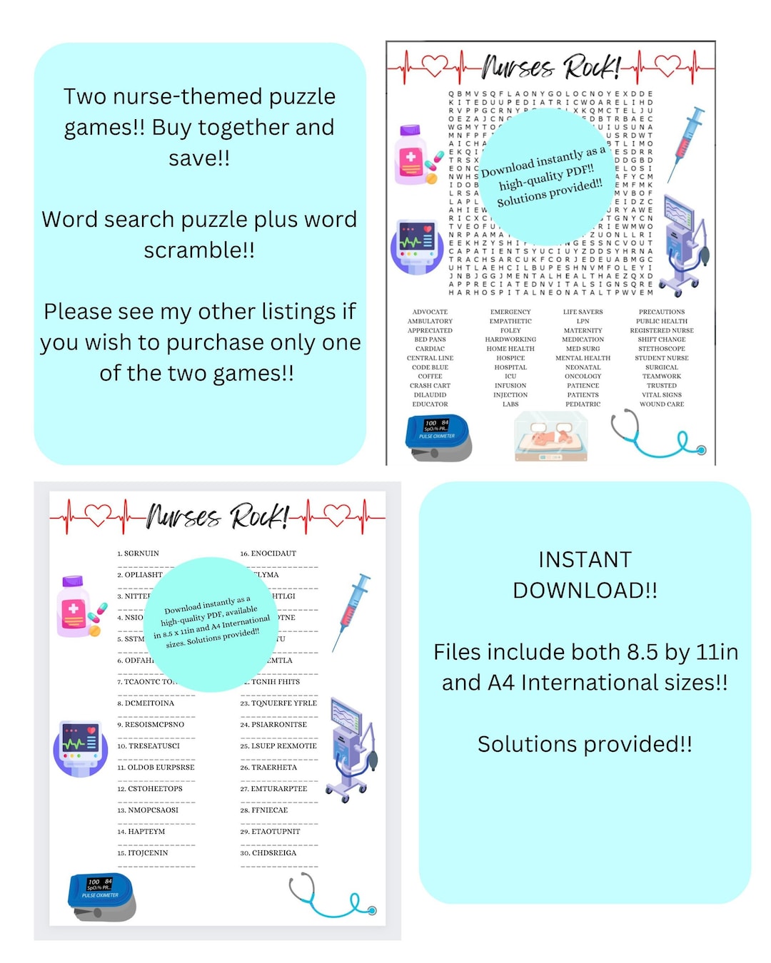 Nurse Word Search and Word Scramble Puzzle Game Combo, Perfect for ...