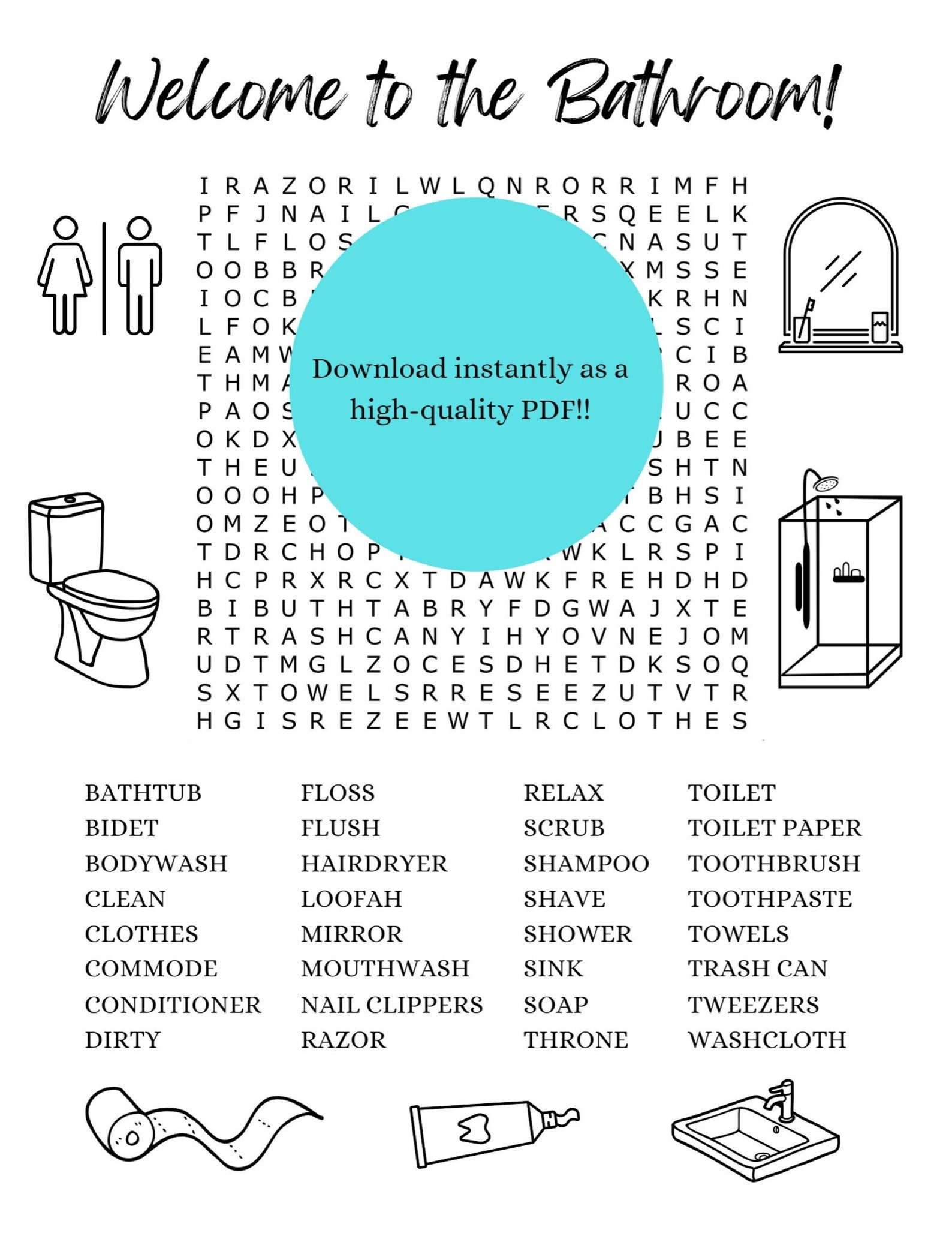 Bathroom Word Search, Restroom Word Search, Forgot Your Phone Word ...