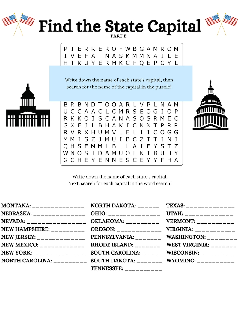 US State Capitals Word Search 4 Pack Printable Game for Students ...