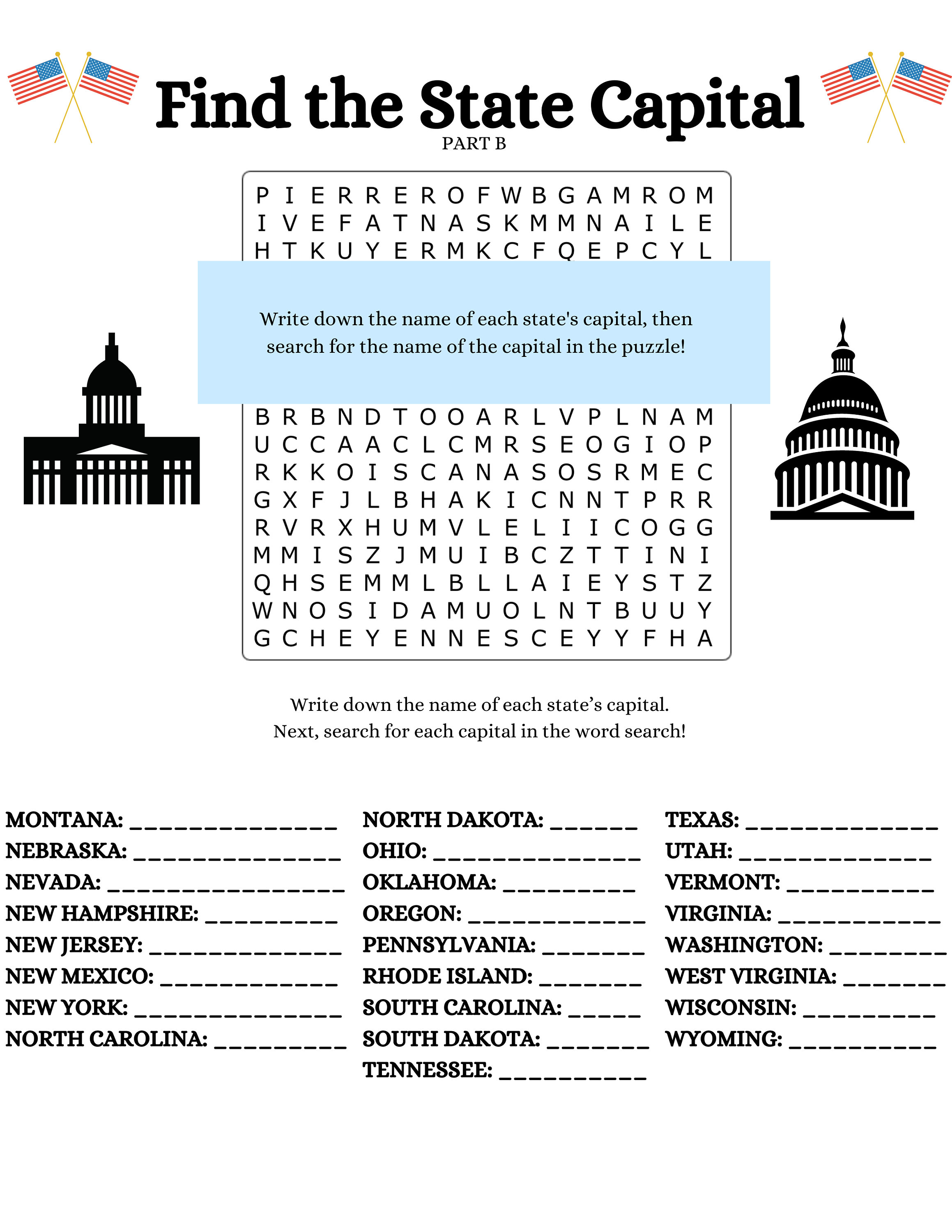 US State Capitals Word Search 4 Pack Printable Game for Students ...