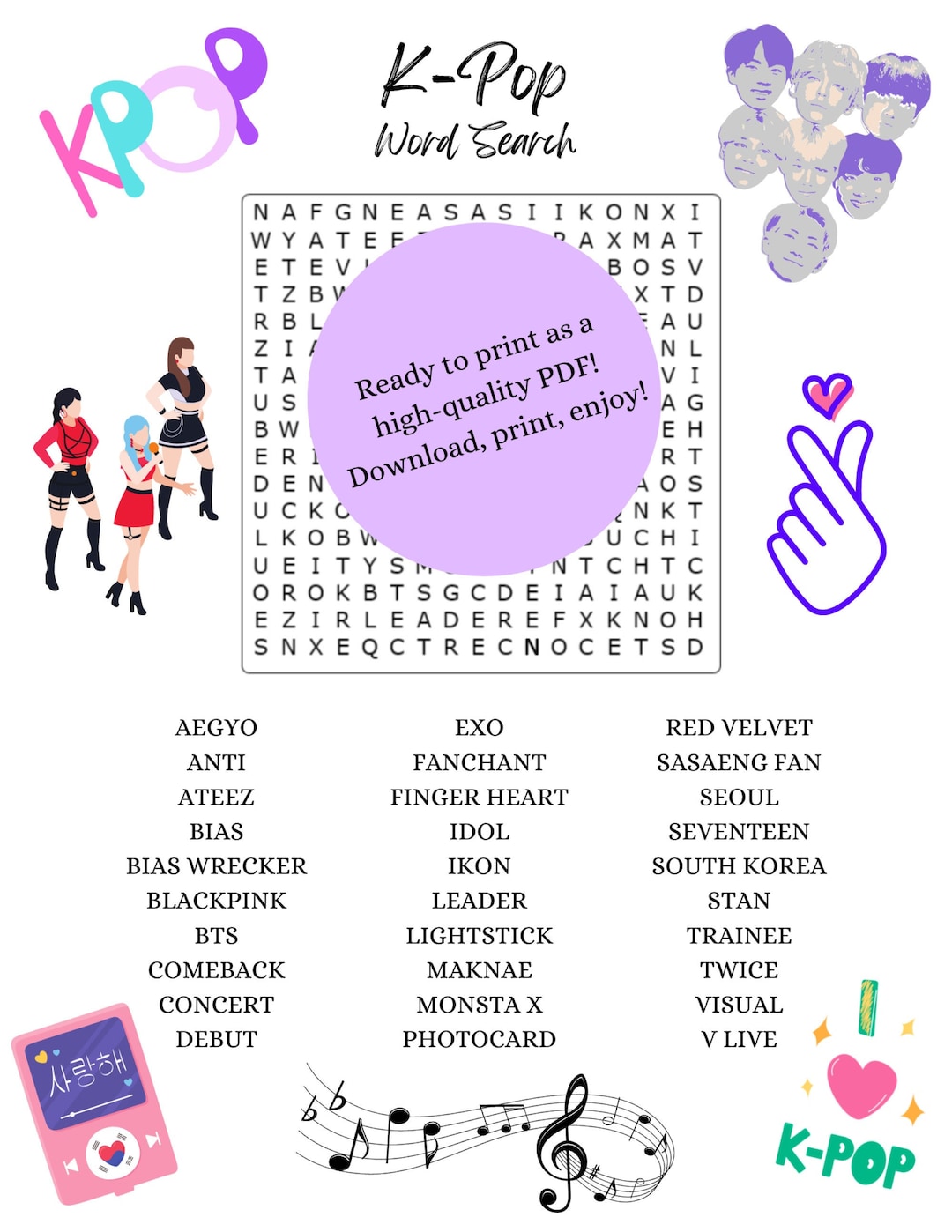 K-pop Word Search Downloadable Printable - Etsy