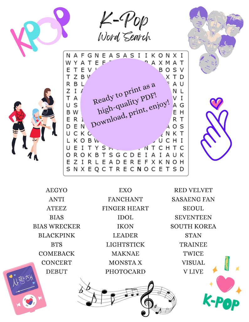 K-pop Word Search Downloadable Printable - Etsy