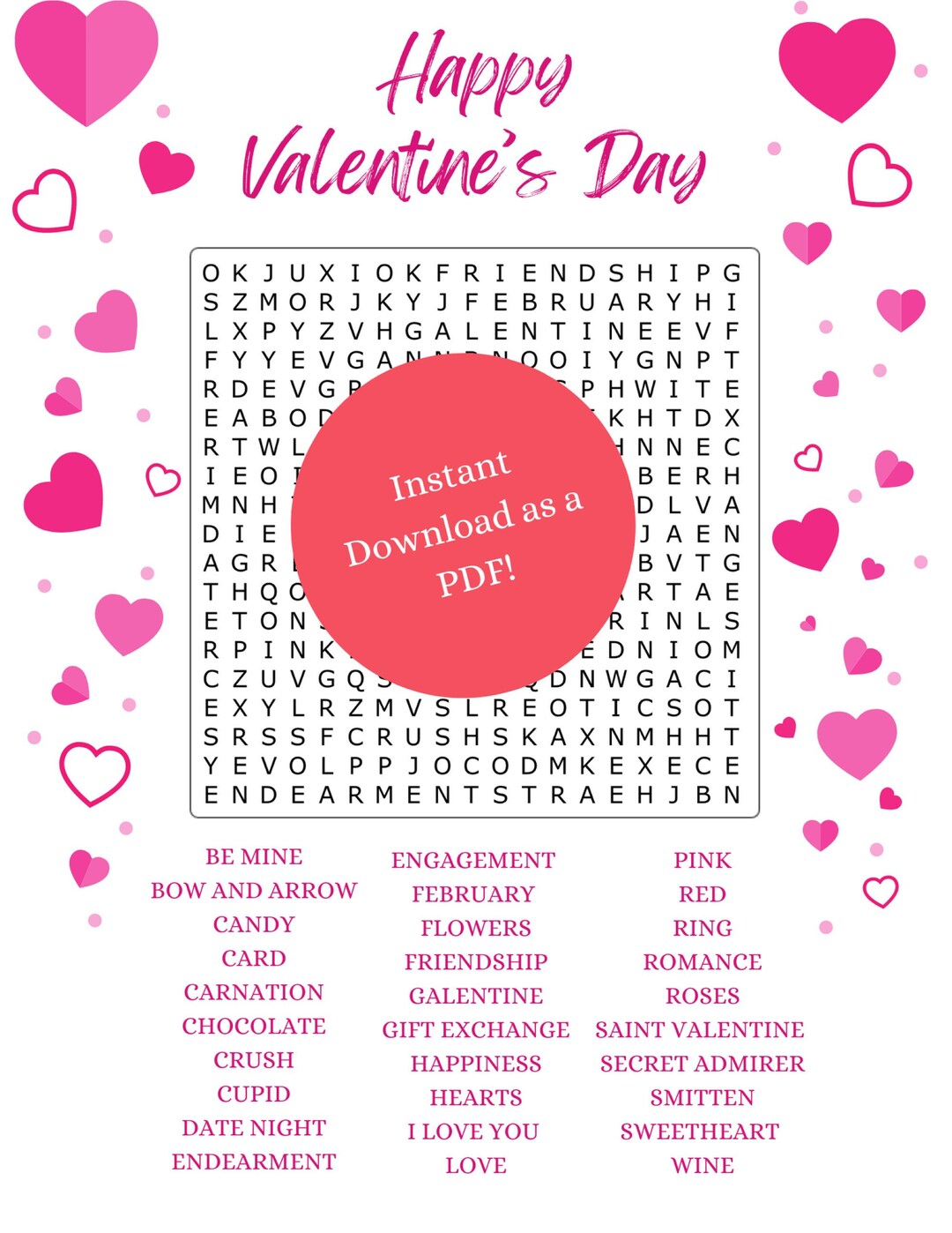 Valentine's Day Word Search Printable Game - Etsy