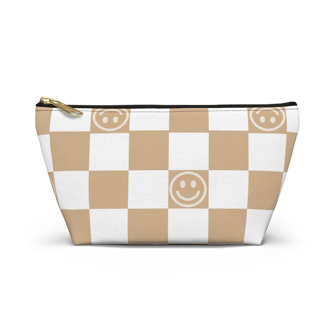 Tan and White Checkered Smiley Face Makeup Bag - Cute and Stylish ...
