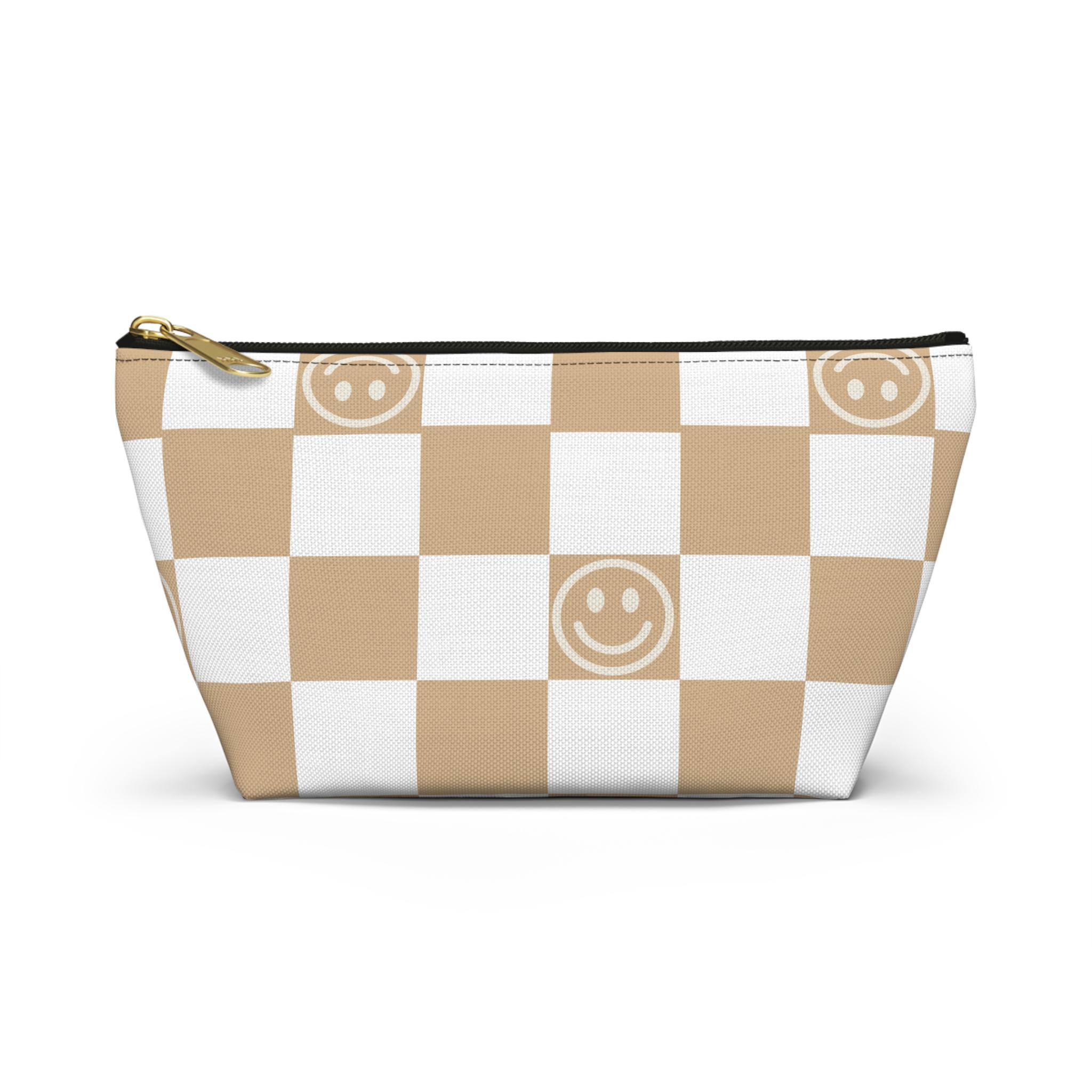 Tan and White Checkered Smiley Face Makeup Bag - Cute and Stylish ...