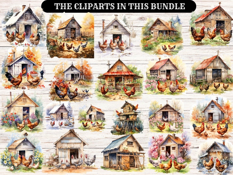 Watercolor Chicken Coop, Clipart Bundle, 22 PNG High Quality, Clipart ...
