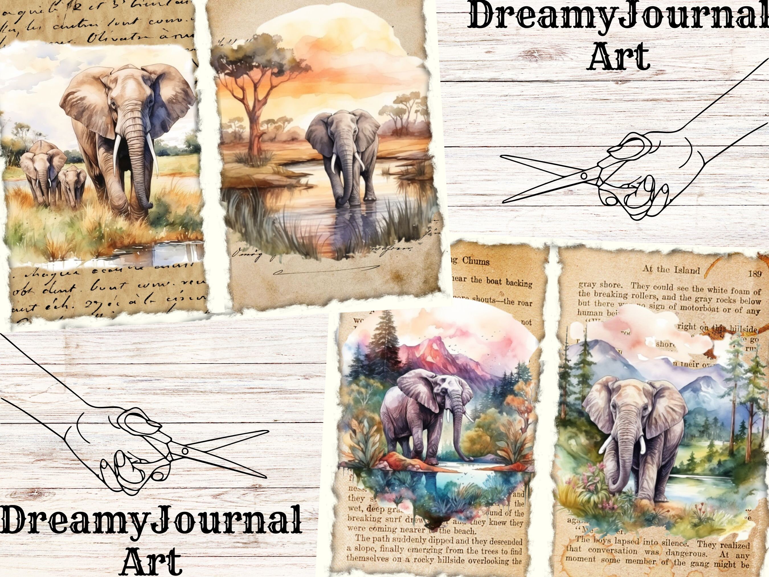 Watercolor Elephant Pages, Printable Junk Journal Page, Digital ...