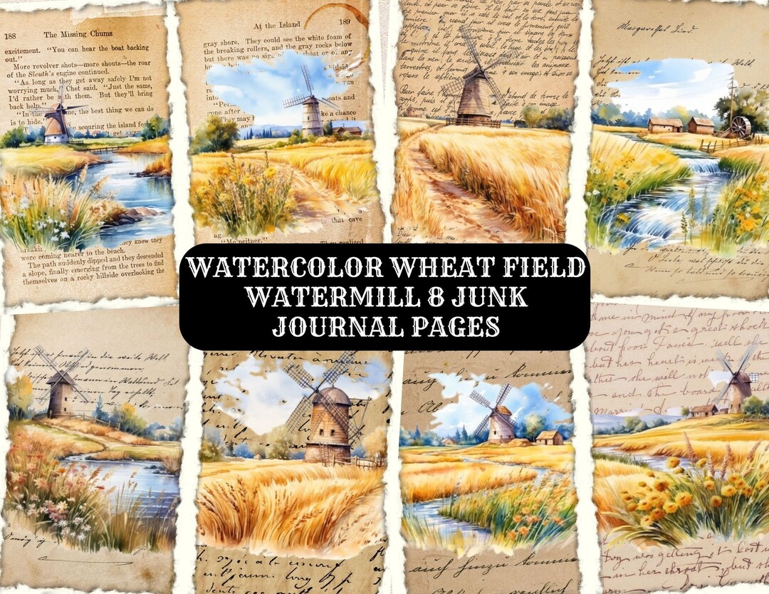 Printable Junk Journal, Wheat Field Watermill, Watercolor Farmyard ...