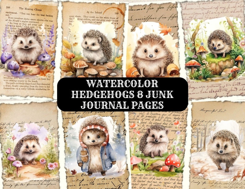 Watercolor Hedgehogs, Junk Journal Printable Pages, Digital Download ...