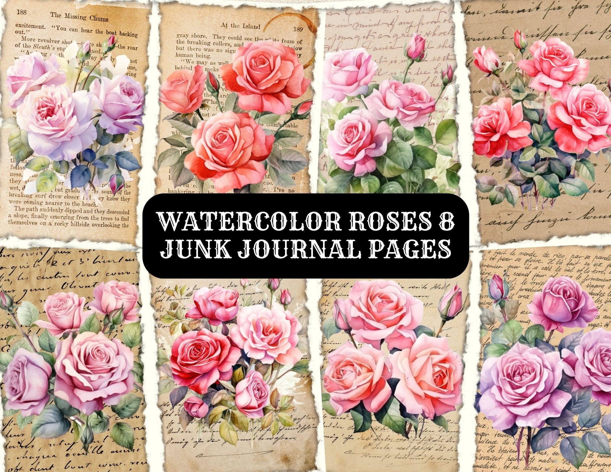 Watercolor Roses, Printable Pages Junk Journals, Junk Journal Diy Kit ...