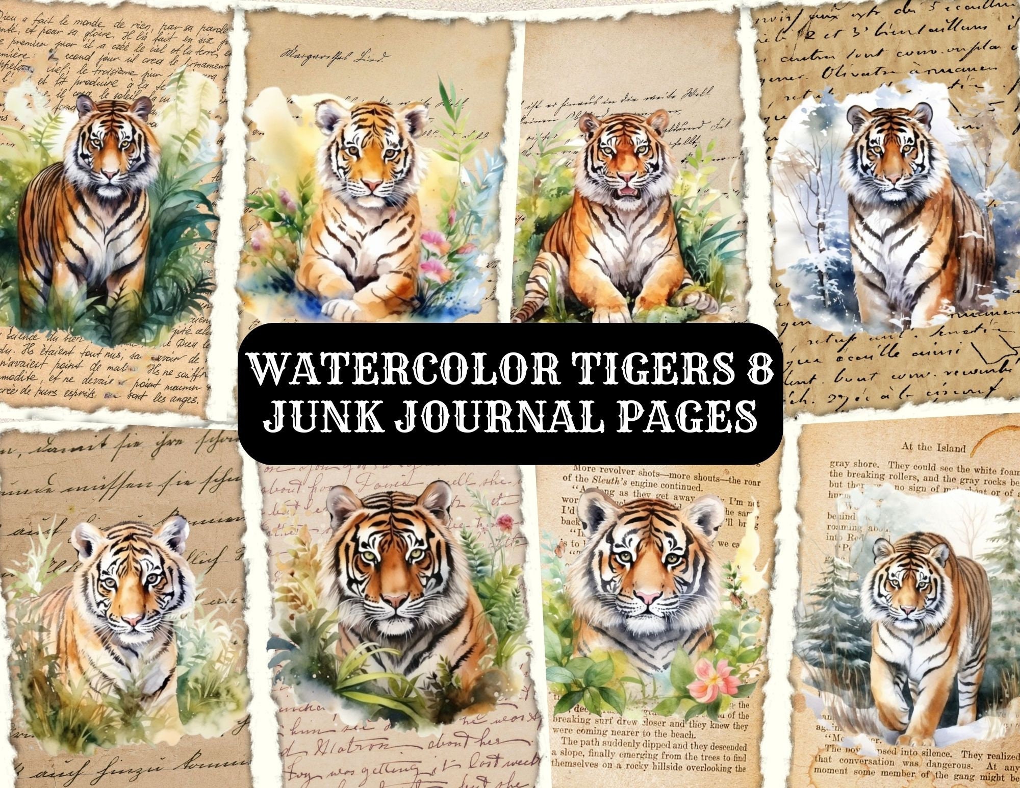 Watercolor Tiger, Junk Journal Printable Pages, Digital Download Pages ...