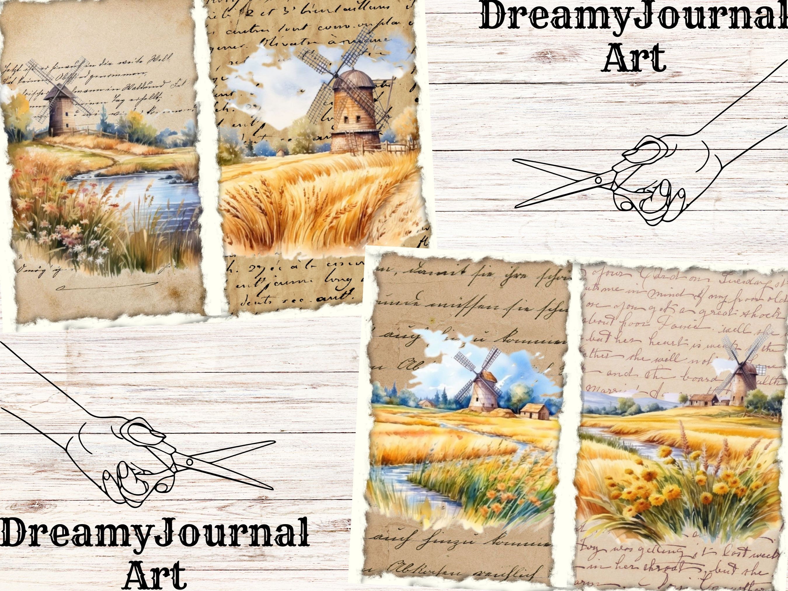 Printable Junk Journal, Wheat Field Watermill, Watercolor Farmyard ...