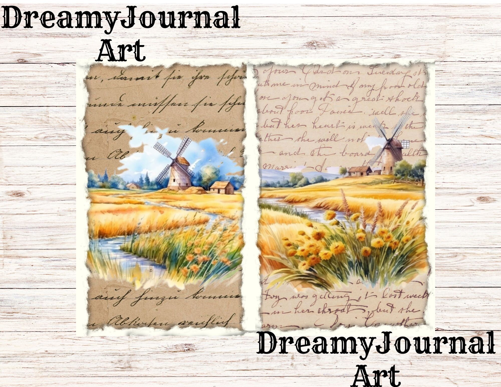 Printable Junk Journal, Wheat Field Watermill, Watercolor Farmyard ...