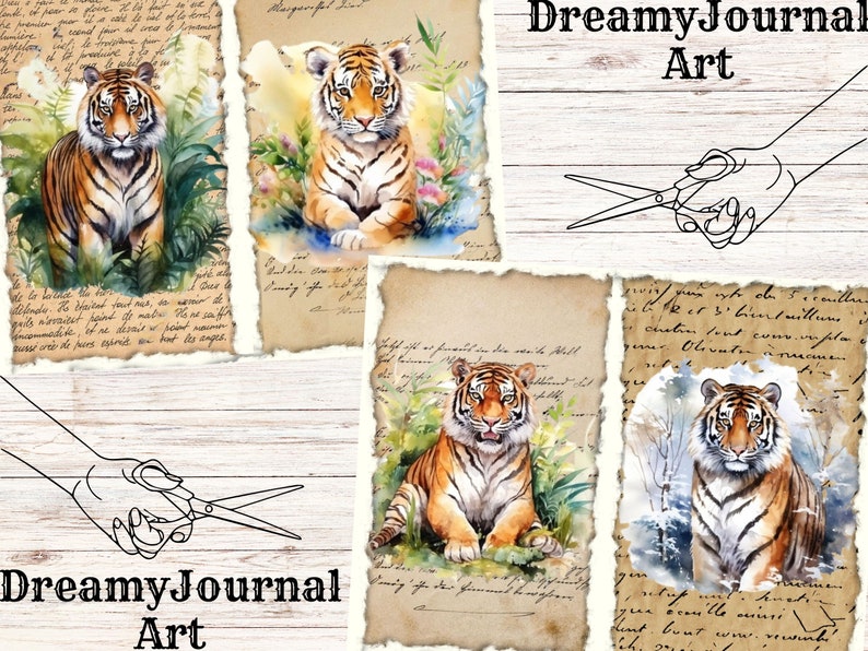 Watercolor Tiger, Junk Journal Printable Pages, Digital Download Pages ...