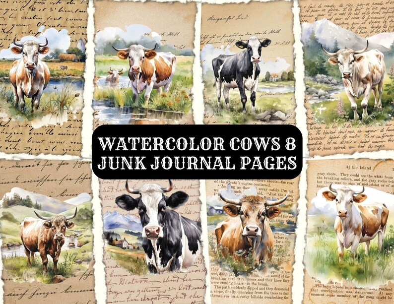 Watercolor Cows, Junk Journal Printable Pages, Digital Download Journal ...