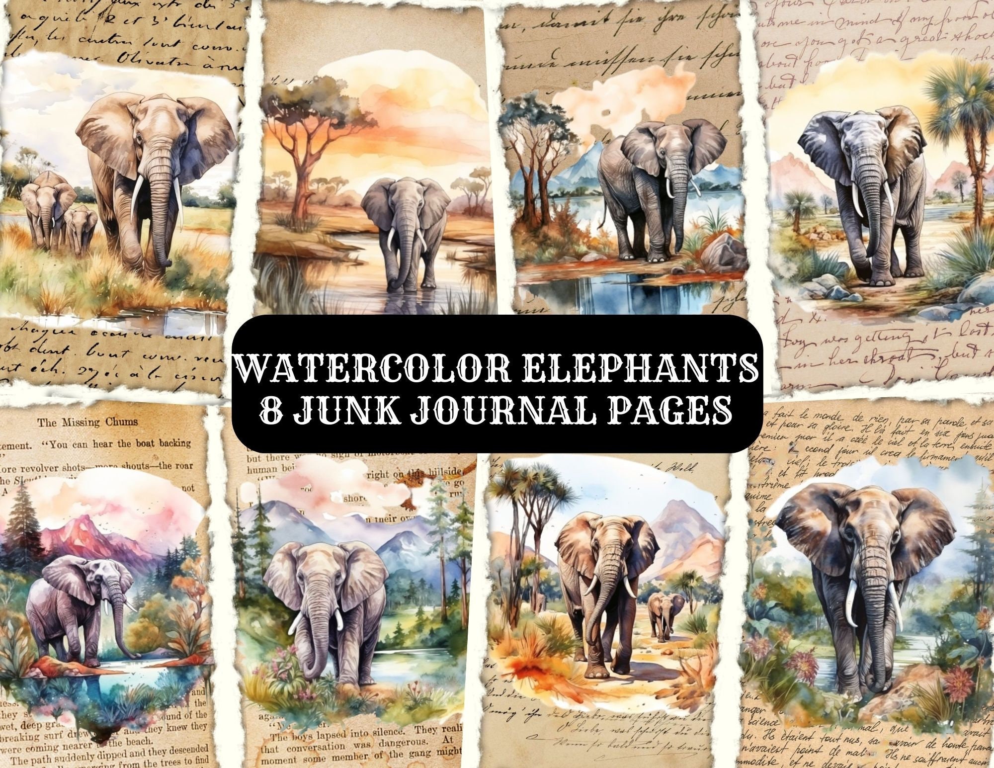 Watercolor Elephant Pages, Printable Junk Journal Page, Digital ...