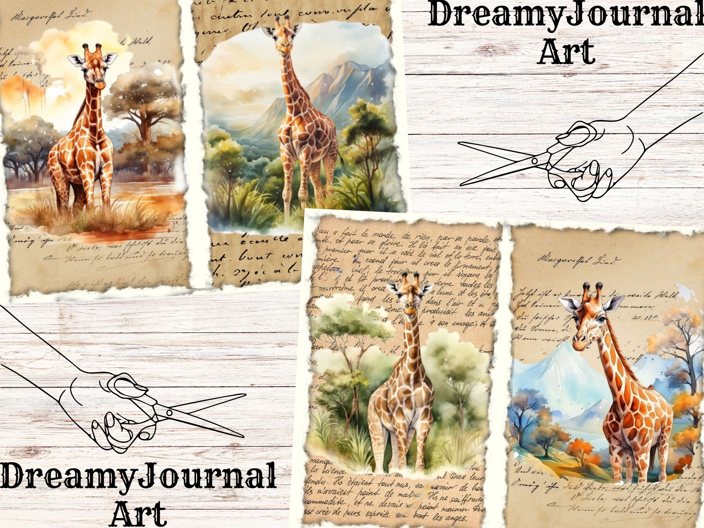 Watercolor Giraffes, Printable Junk Journal Pages, Cute Animals ...