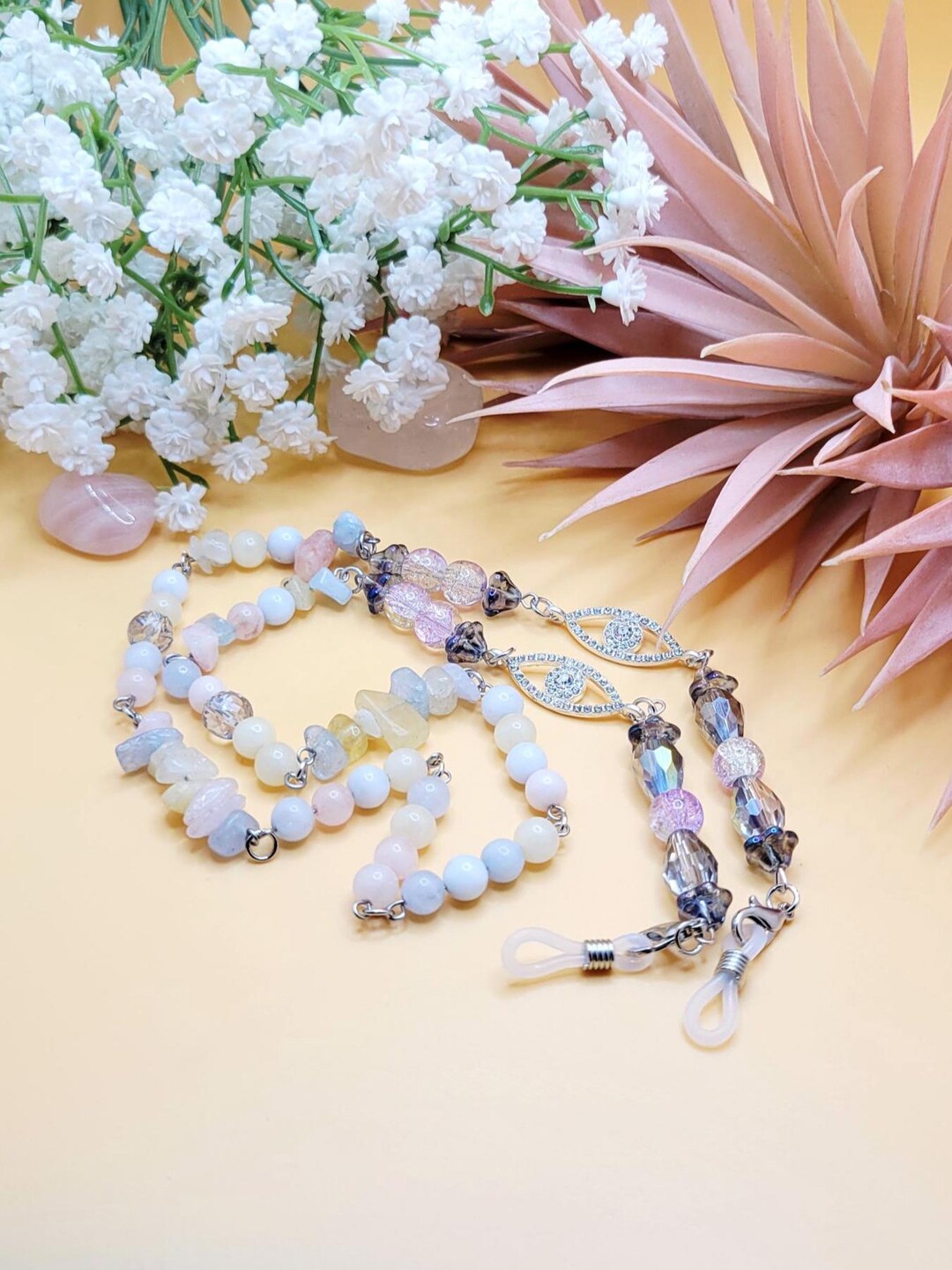 Morganite Gemstone Rhinestone Evil Eye Pendant Eyeglass Necklace Chain ...