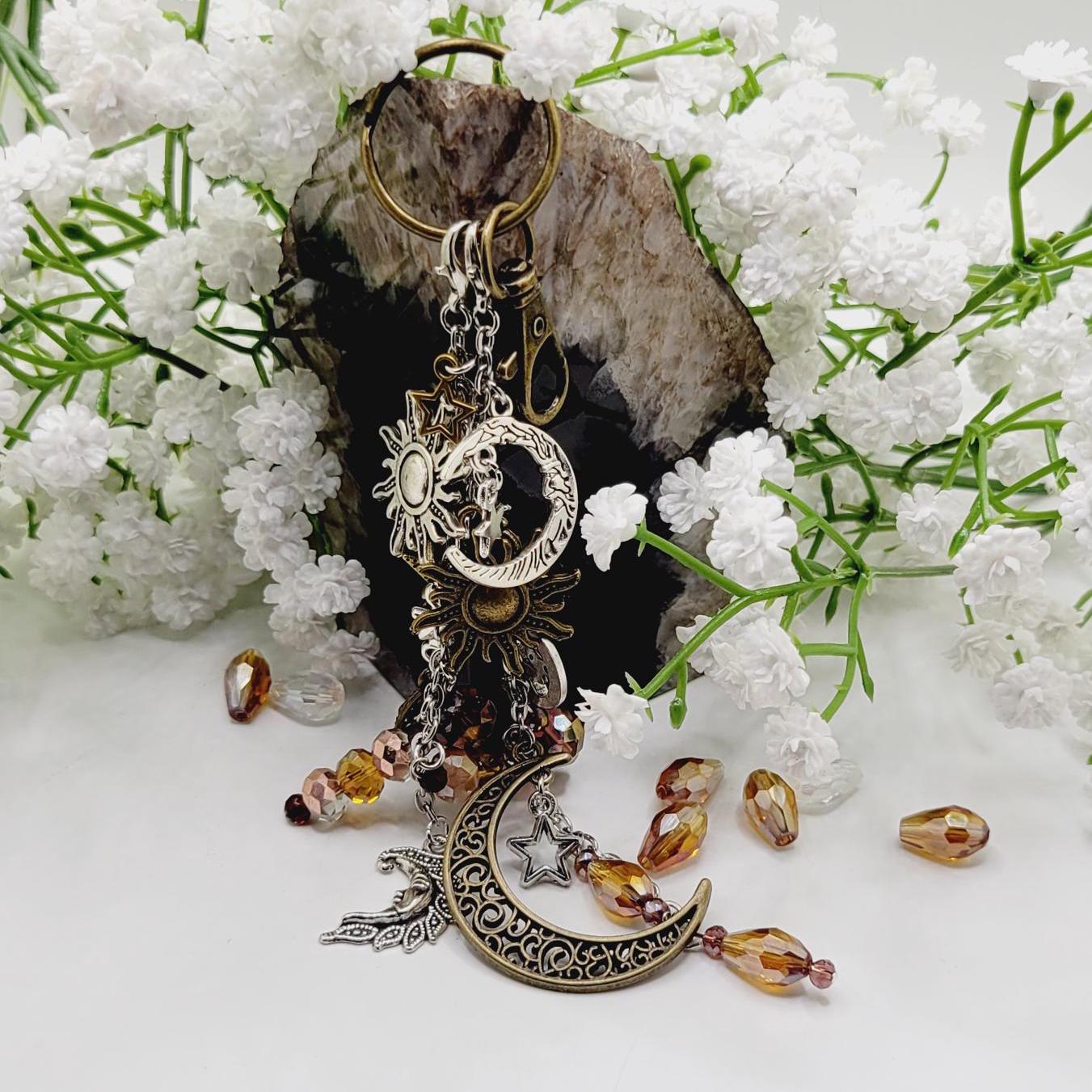 Filigree Moon Charm Keychain, Detachable Multi Charm Sun, Moon, Stars ...
