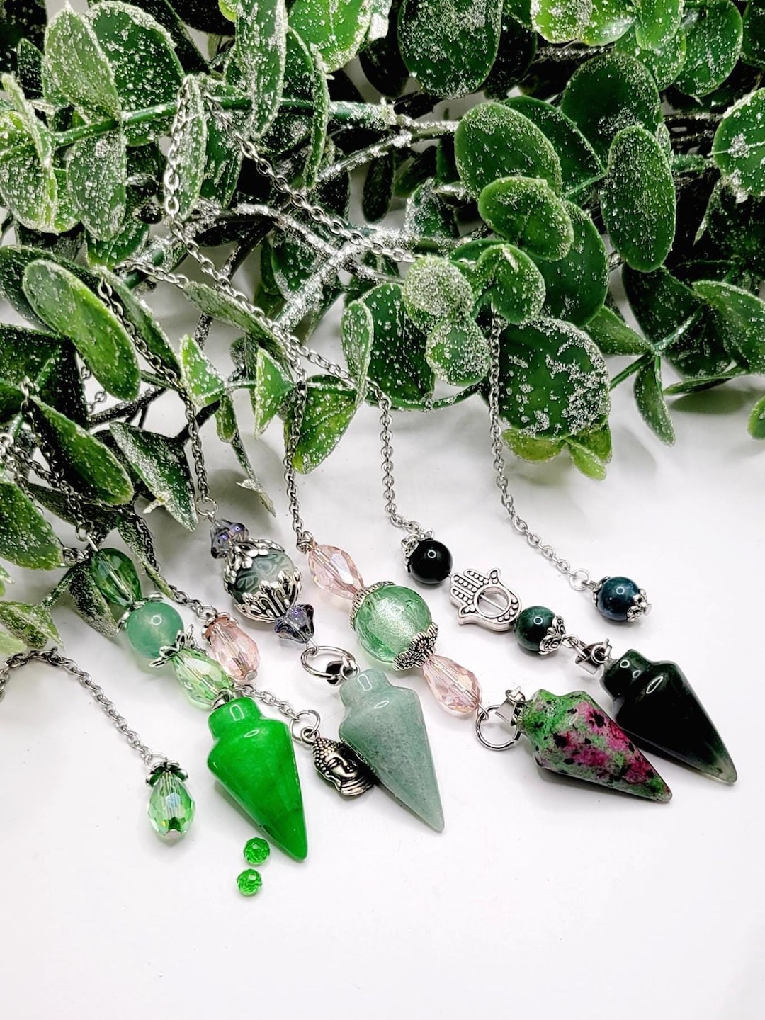 Prosperity Pendulums, Crystal Burmese Jade, Moss Agate, Zoisite, Green Aventurine Natural ...