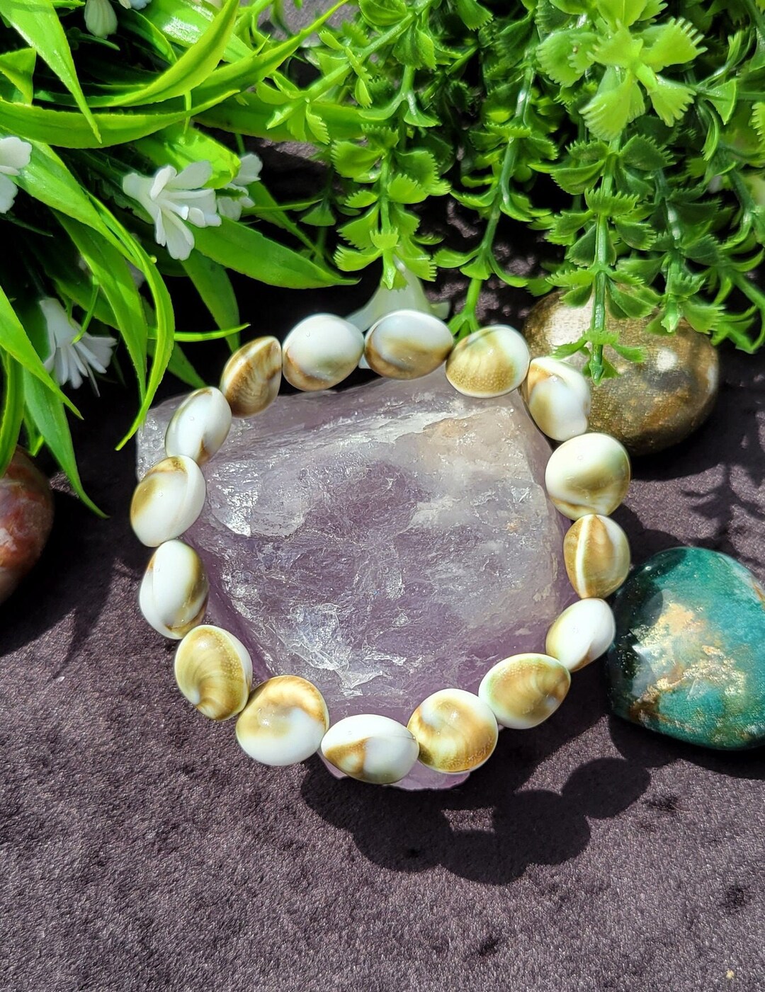 Moss Green Shiva Eye Shell Bracelet: Natural Gemstone Stretch Jewelry ...