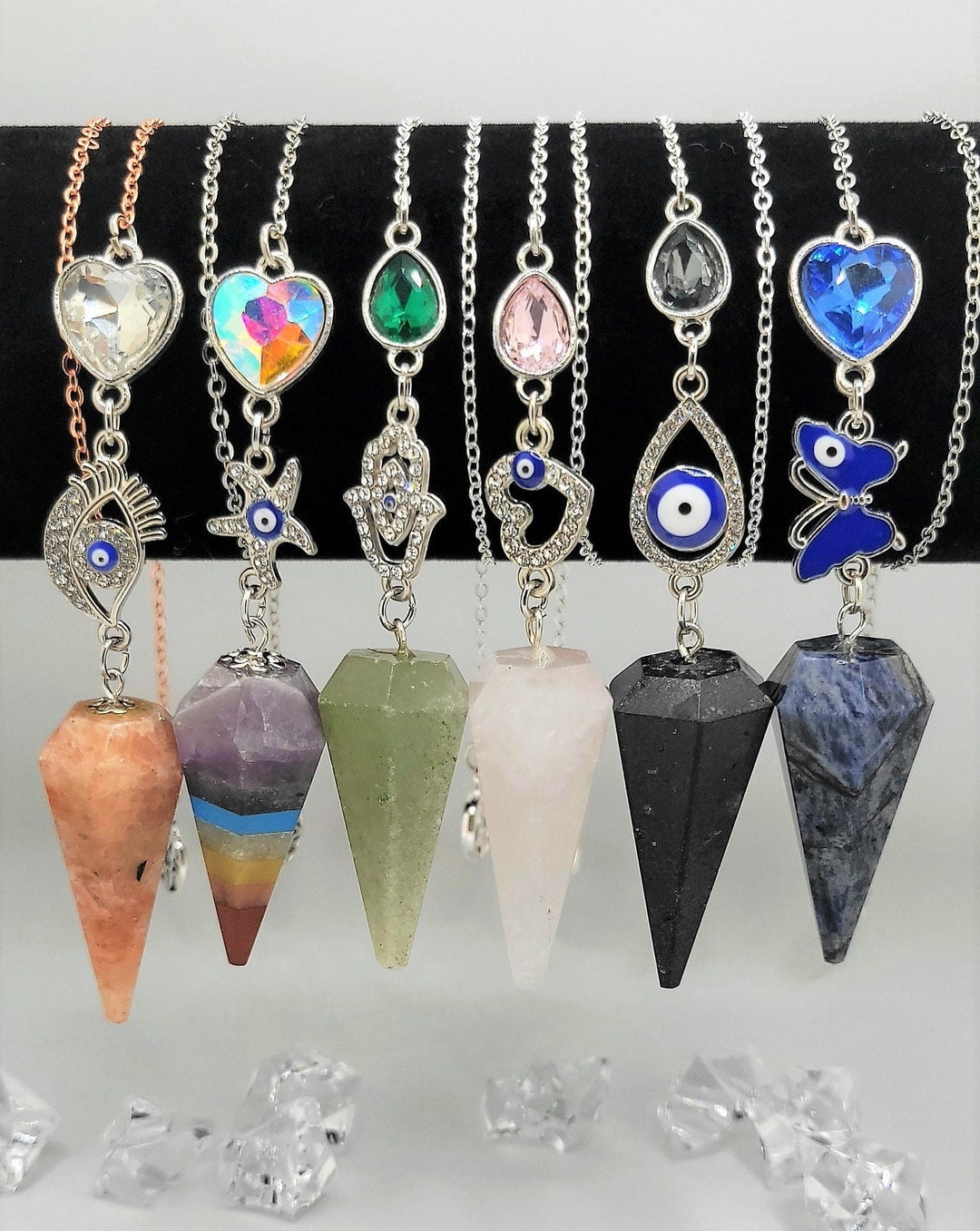 Natural Gemstone Chakra Reiki Divination Pendulums, Pink Quartz, Lapis Lazuli Rhinestone Evil ...