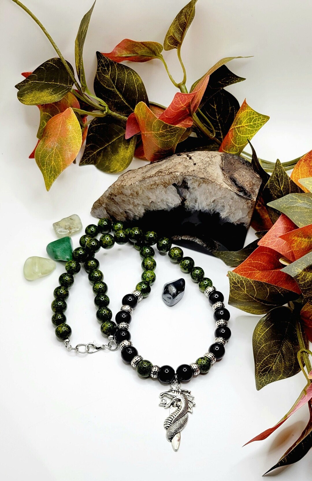 Russian Serpentine, Black Agate 10mm Beaded Necklace, Silver Dragon ...