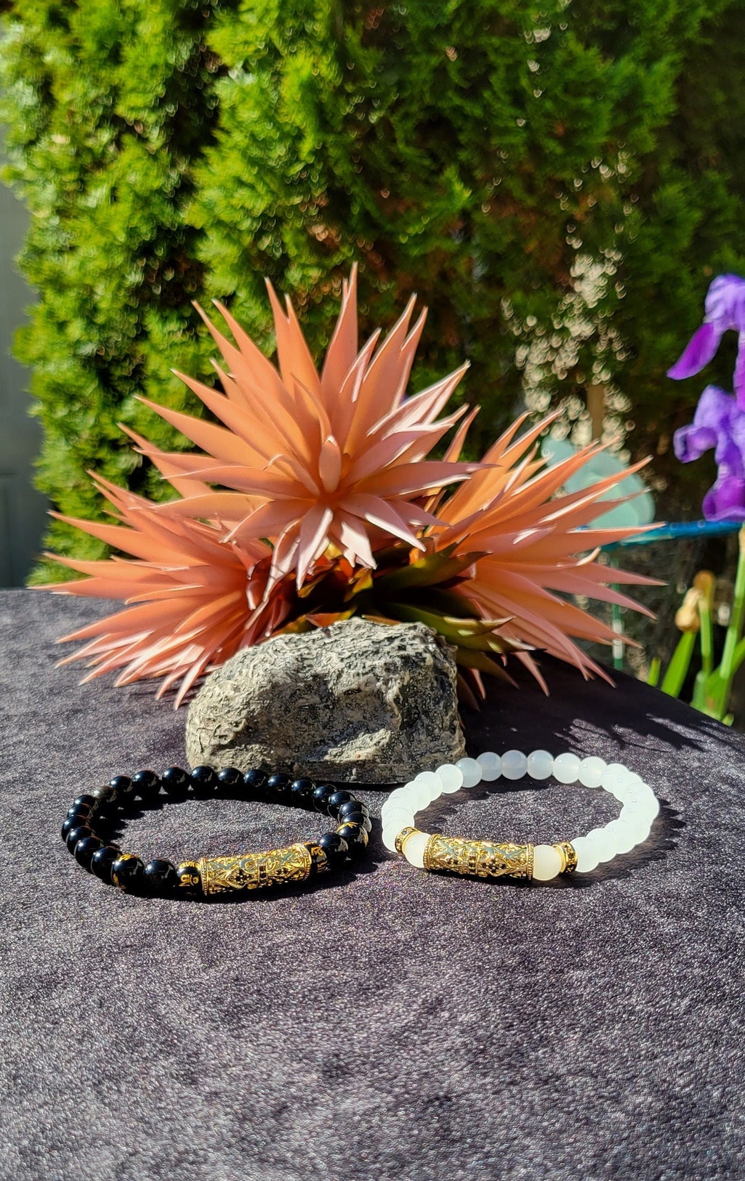 Natural Obsidian, Hematite, White Jade, Gemstone Stretch Gold Tube Bead ...