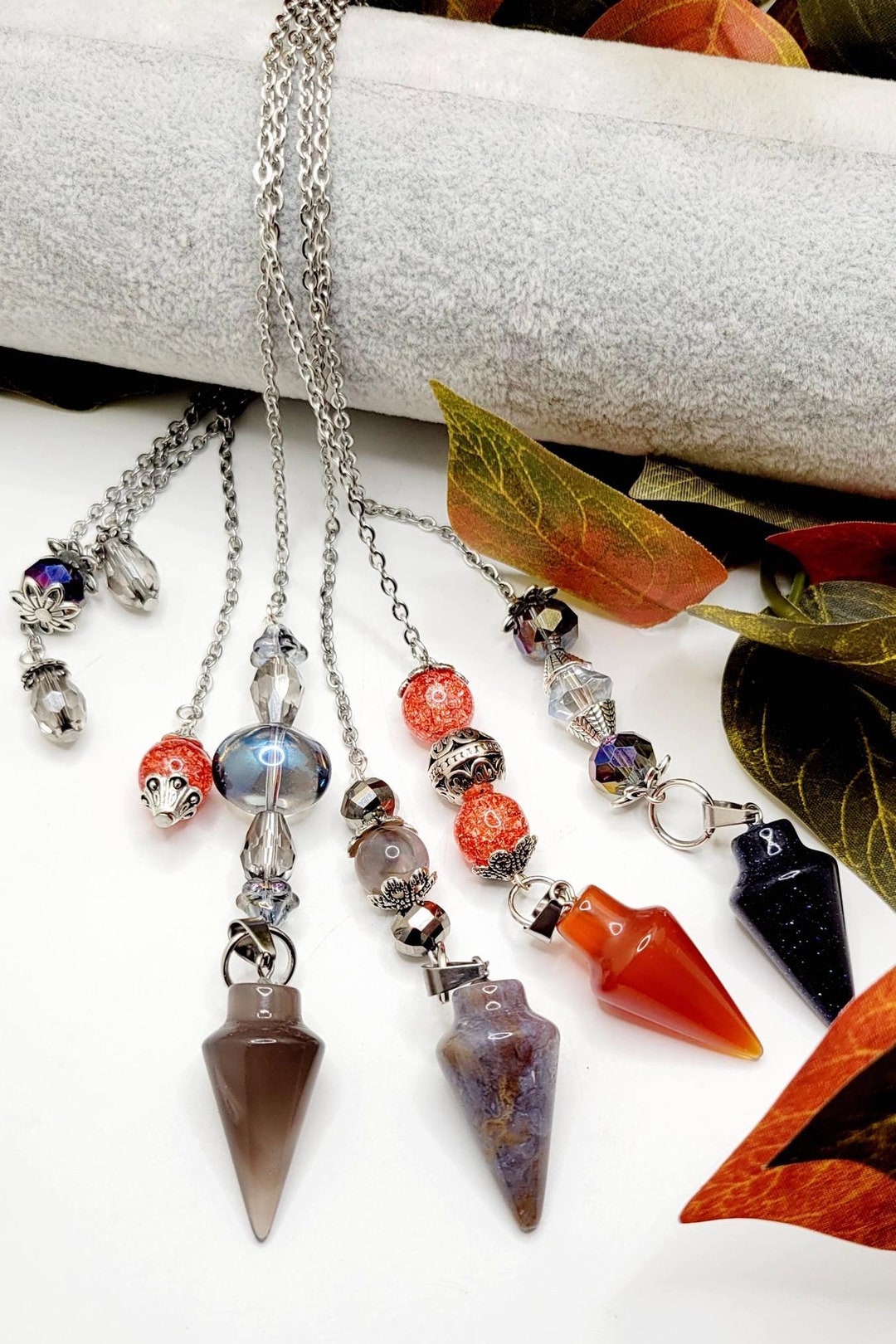 Grounding and Protection Crystal Pendulums, Smoky Quartz, Blue Sandstone, Carnelian, Grey Moss ...