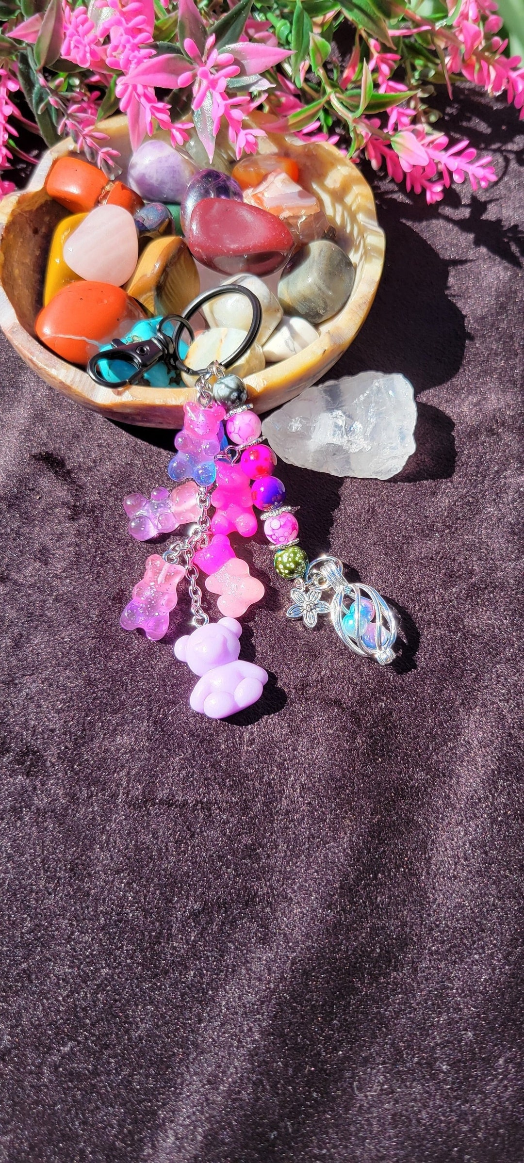 Gummy Bear Keychain, Ombre Teddy Bear Charms and Silver Cage Pendant ...