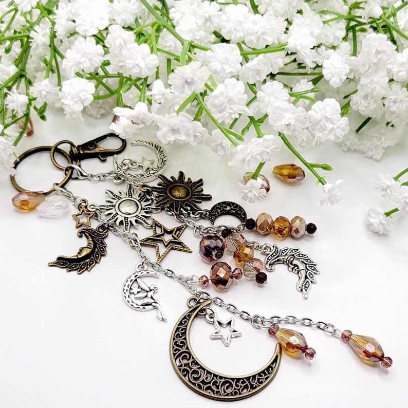 Filigree Moon Charm Keychain, Detachable Multi Charm Sun, Moon, Stars ...