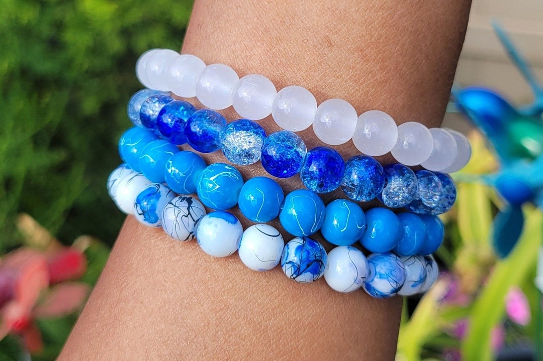 Blue Beaded Bracelet Set, 8mm Glass Stackable Bracelet Set for Men ...