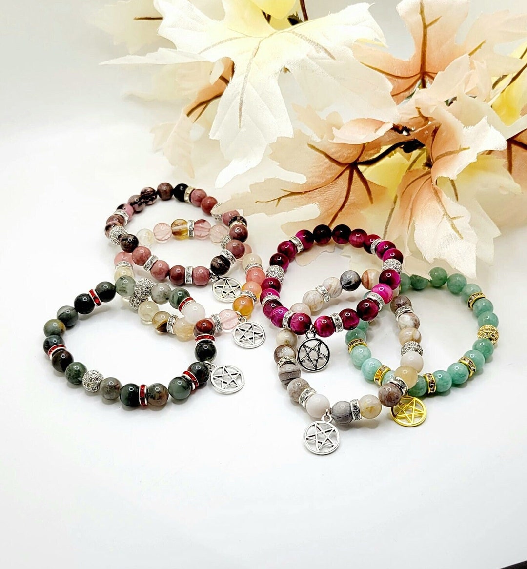 Pentacle Charm Natural Gemstone 8mm Beaded Rhinestone Bracelet With ...