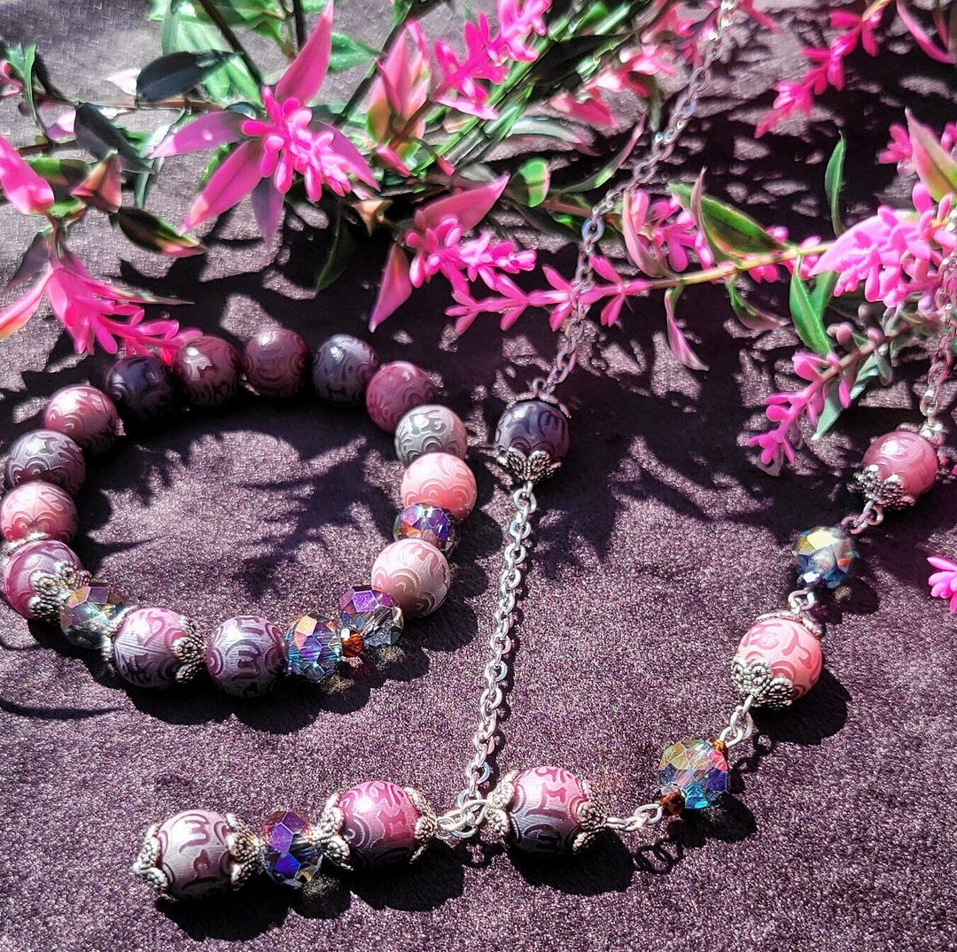 Purple Bodhi Root Beaded Link Stainless Steel Necklace Set With Purple ...