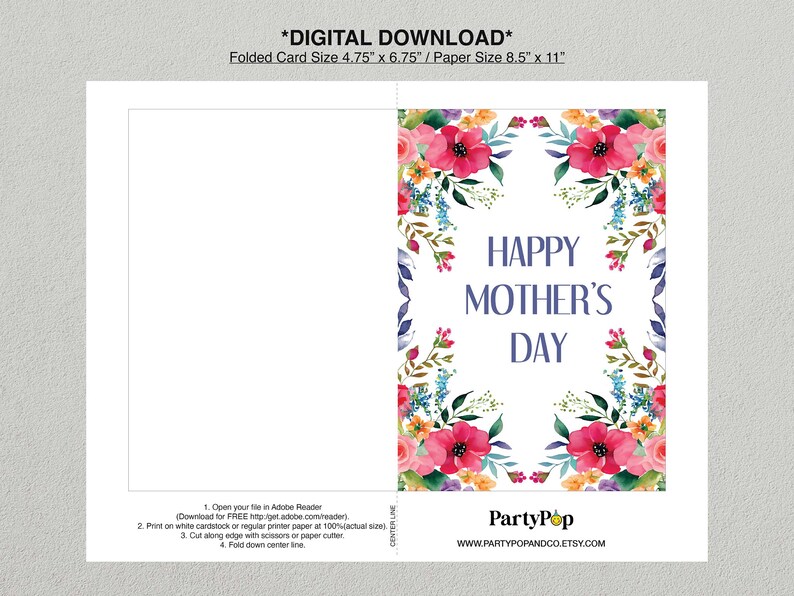Printable Mothers Day Card, Happy Mother's Day Printable Card, Floral ...