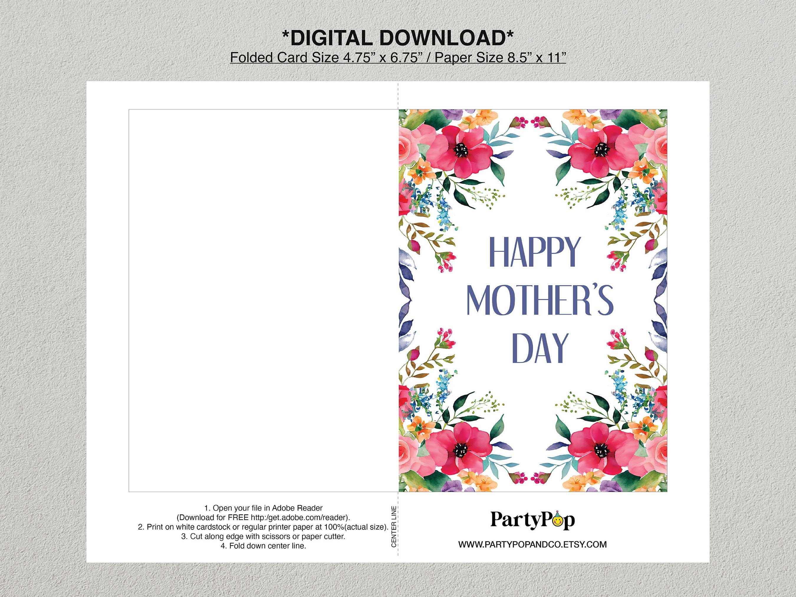 Printable Mothers Day Card, Happy Mother's Day Printable Card, Floral ...
