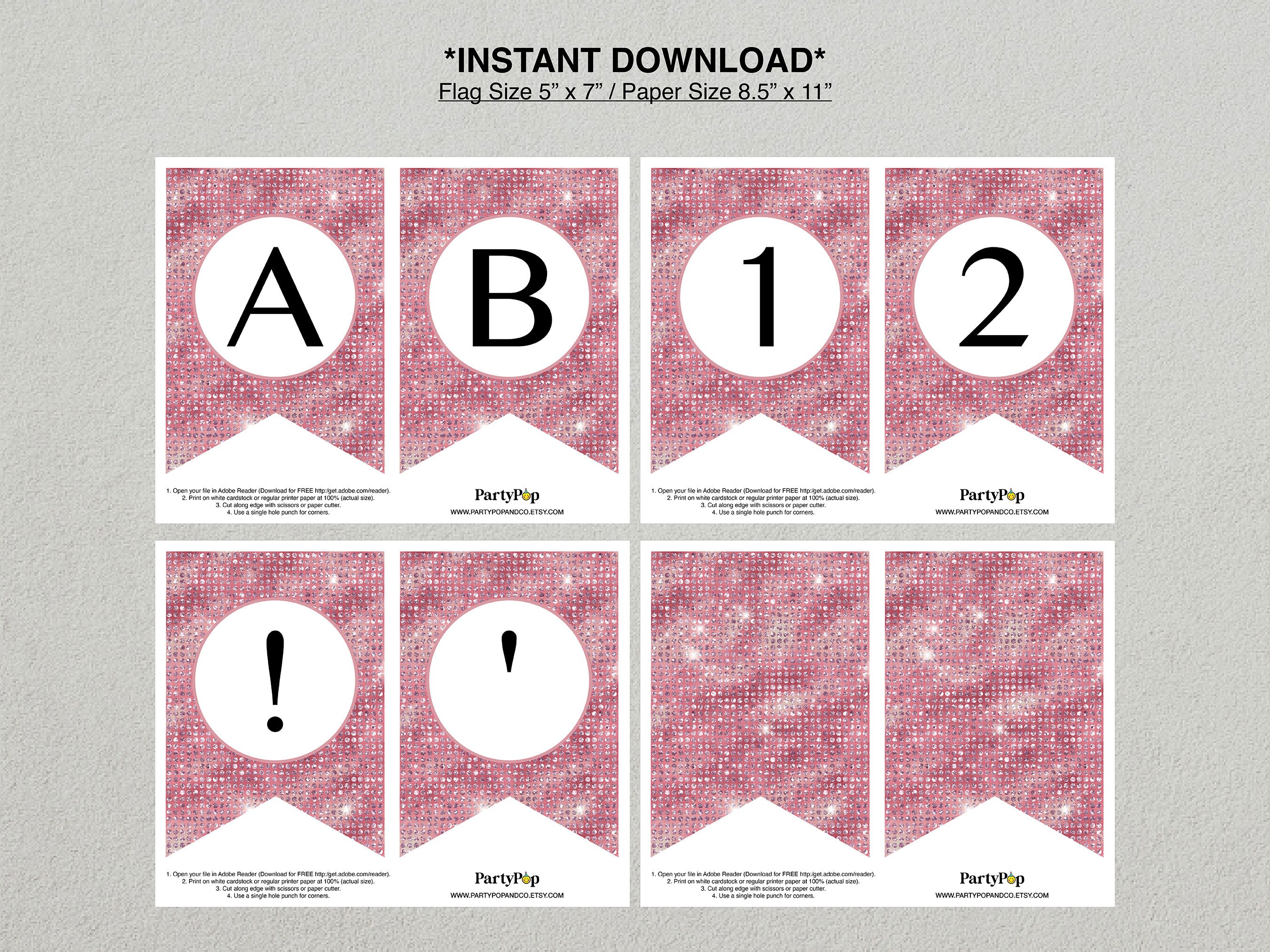 Pink Glitter Alphabet Banner, Printable DIY Banner, A-Z and Numbers ...