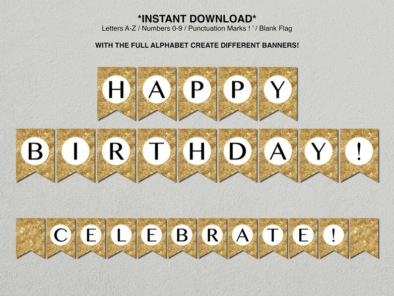 Gold Glitter Alphabet Banner, Printable DIY Banner, A-Z & Numbers ...