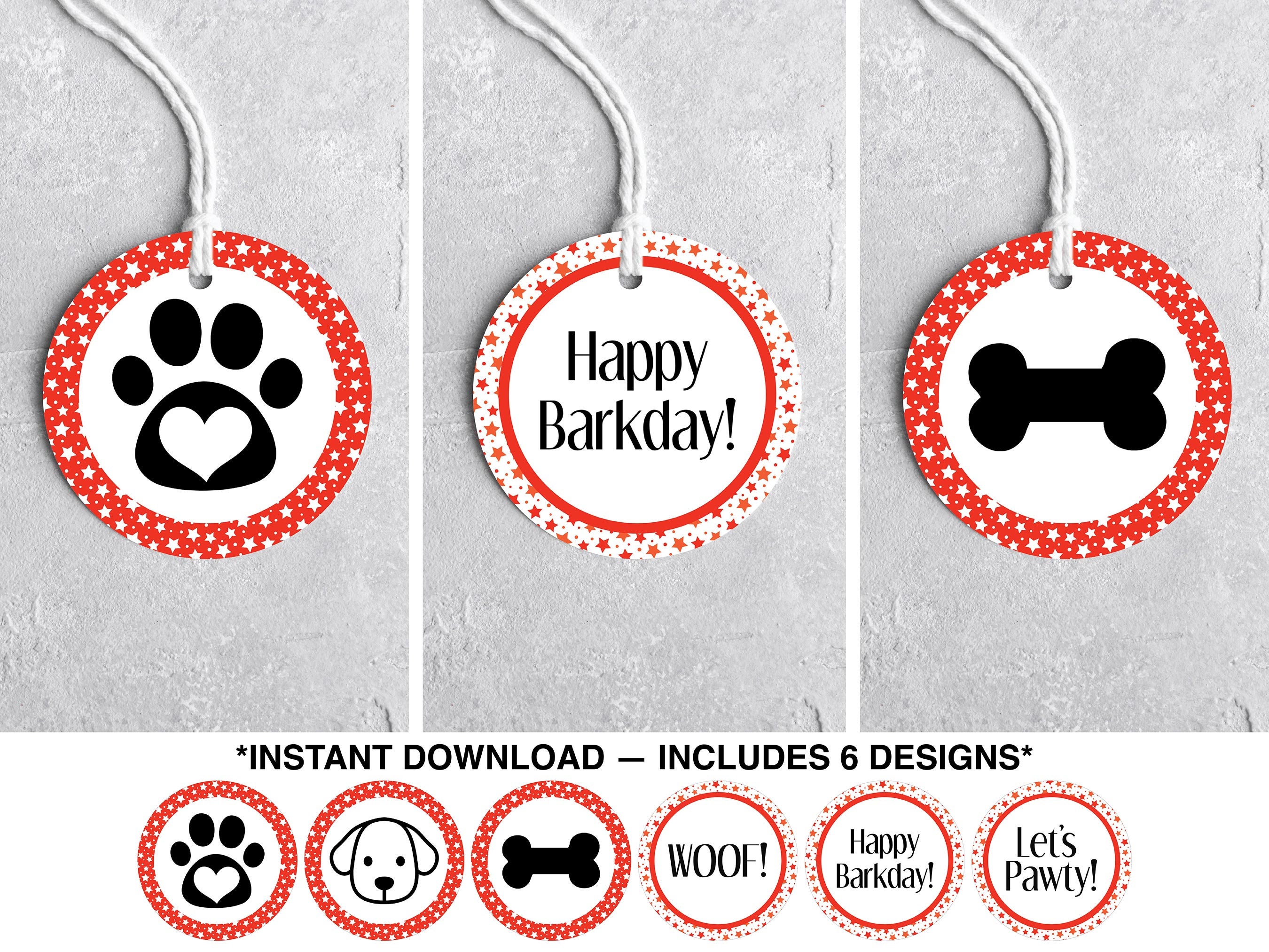 Dog Birthday Favor Tags, Red Star Party Decorations (instant Download ...