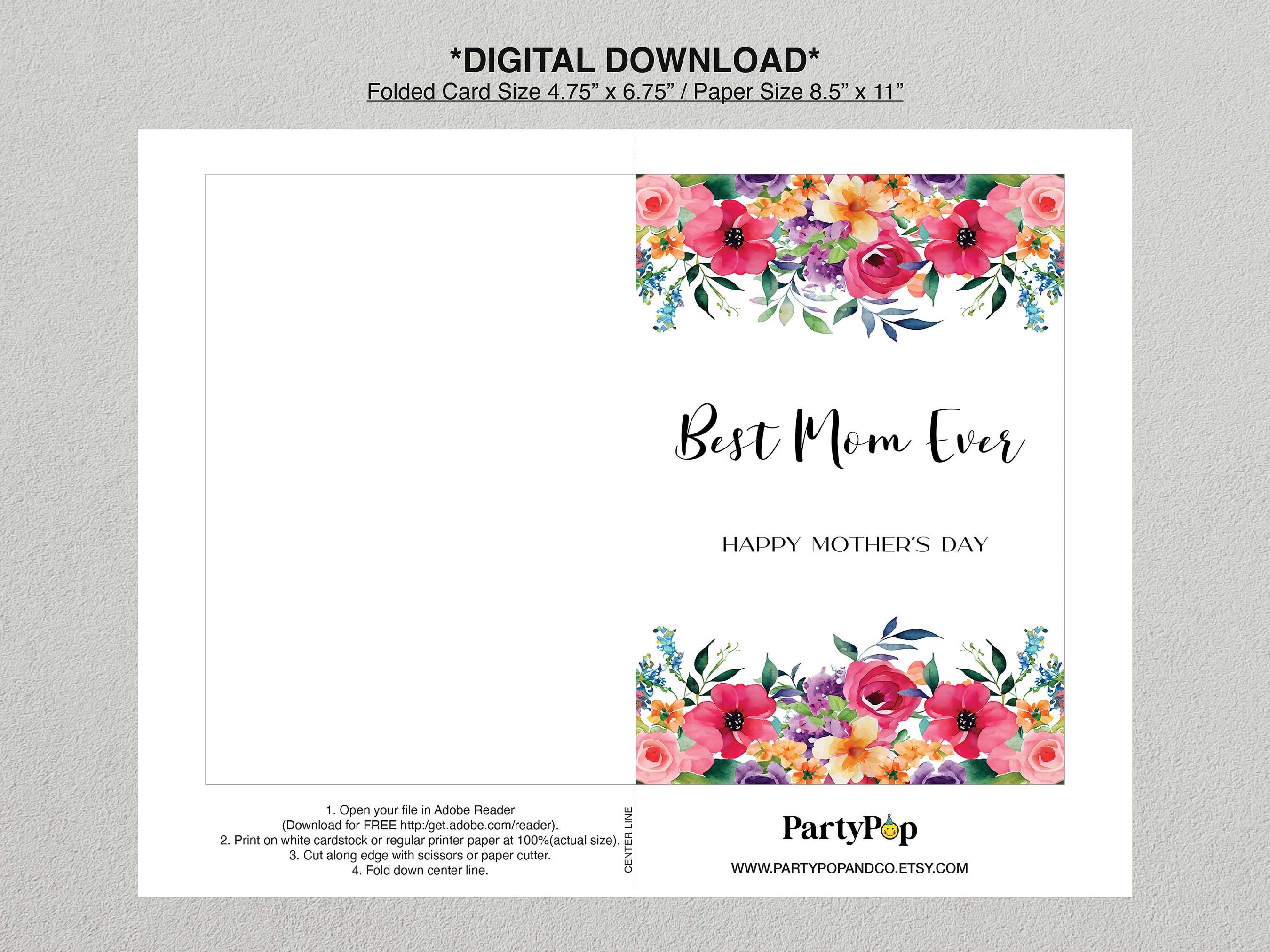 Printable Mothers Day Card, Best Mom Ever Printable Card, Floral ...