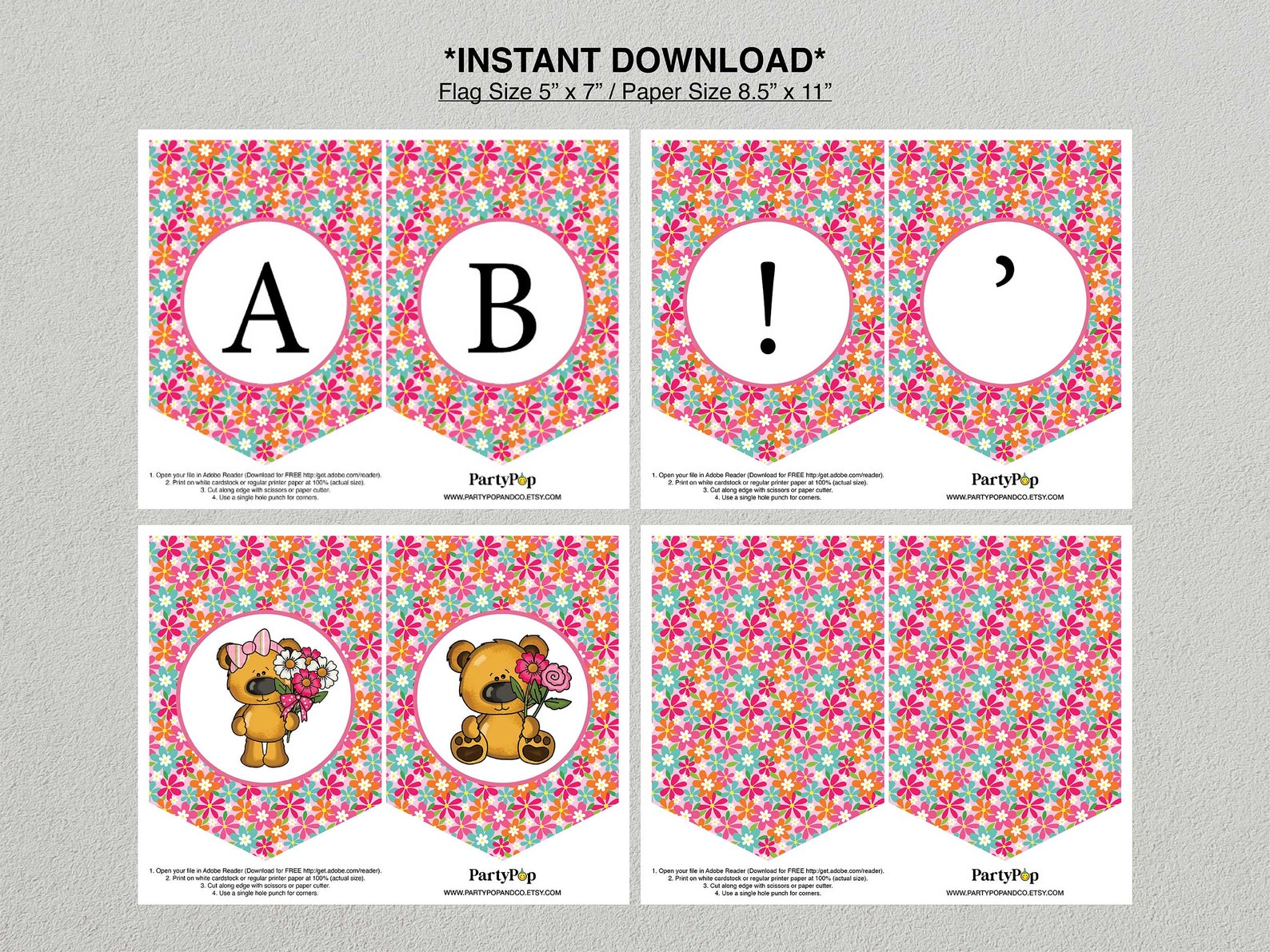 Floral Bear Printable Banner, Alphabet & Numbers (instant Download) - Etsy