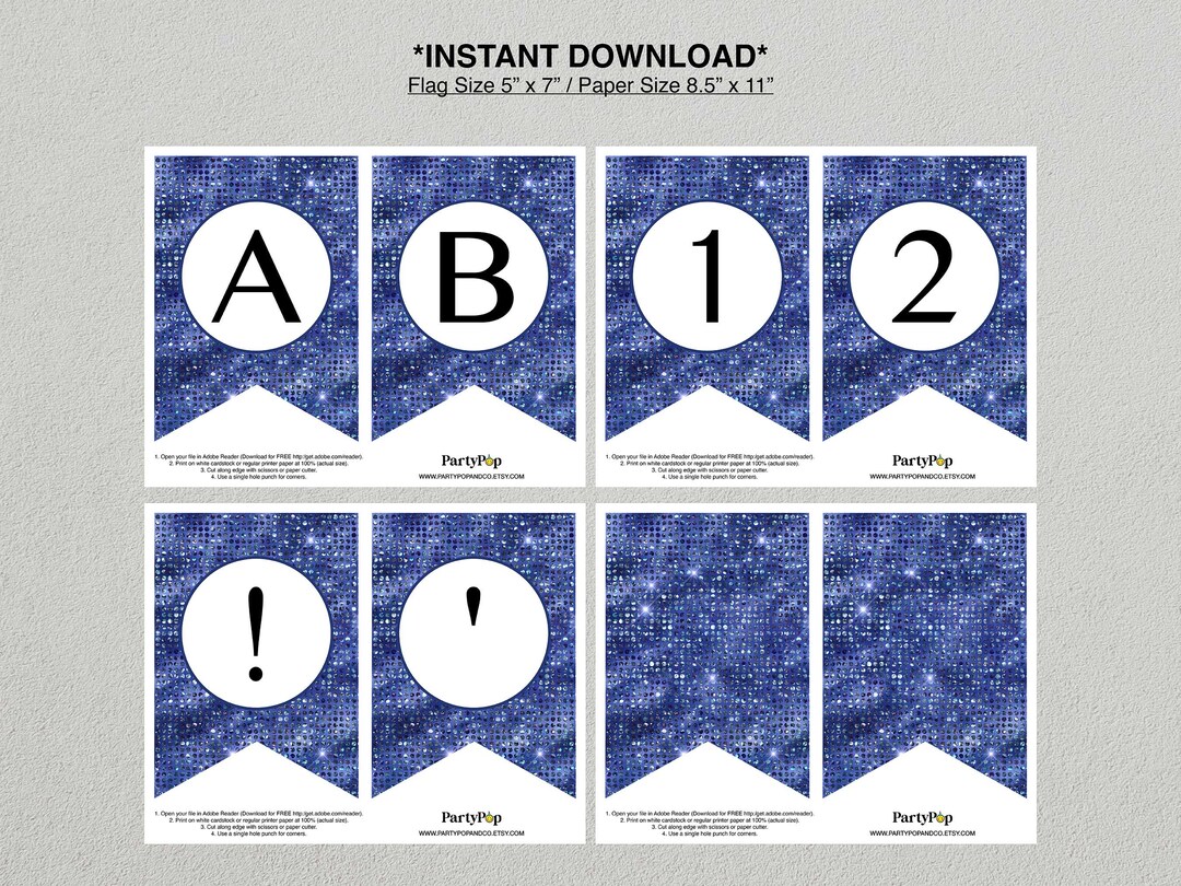 Royal Blue Glitter Alphabet Banner, Printable DIY Banner, A-Z & Numbers ...