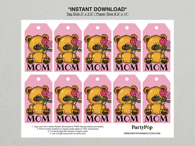 Printable Mothers Day Gift Tag, Mom Bear Tag, Mother's Day Thank You ...