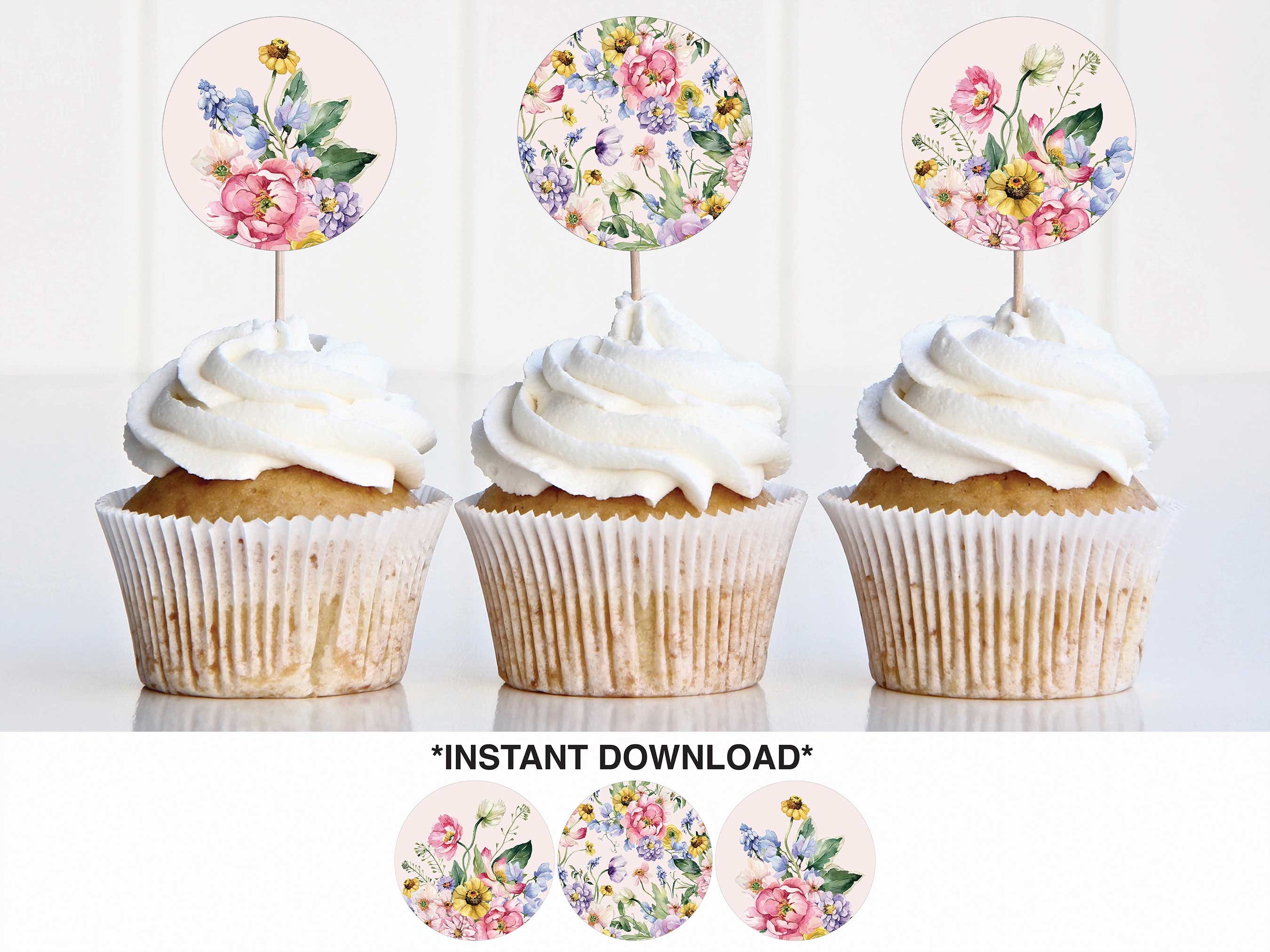 Pink Spring Floral Cupcake Toppers, Baby Shower Party Picks, Printable ...