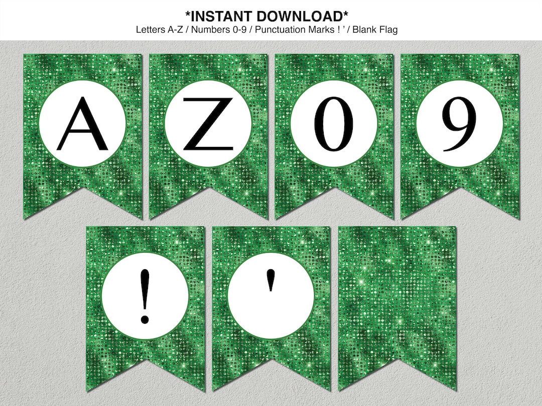 Emerald Green Glitter Printable Banner, Letters, Numbers (instant ...