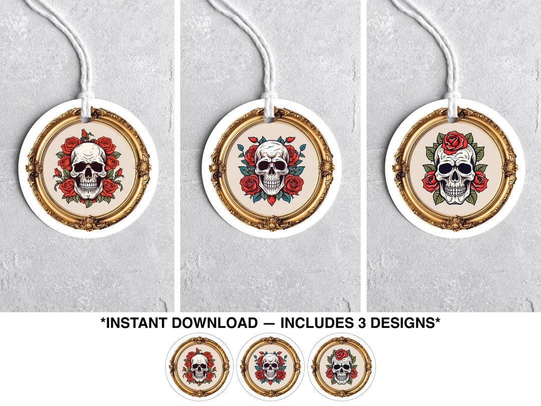 Skulls and Roses Printable Gift Tags, Gothic Halloween, Skull and Red ...
