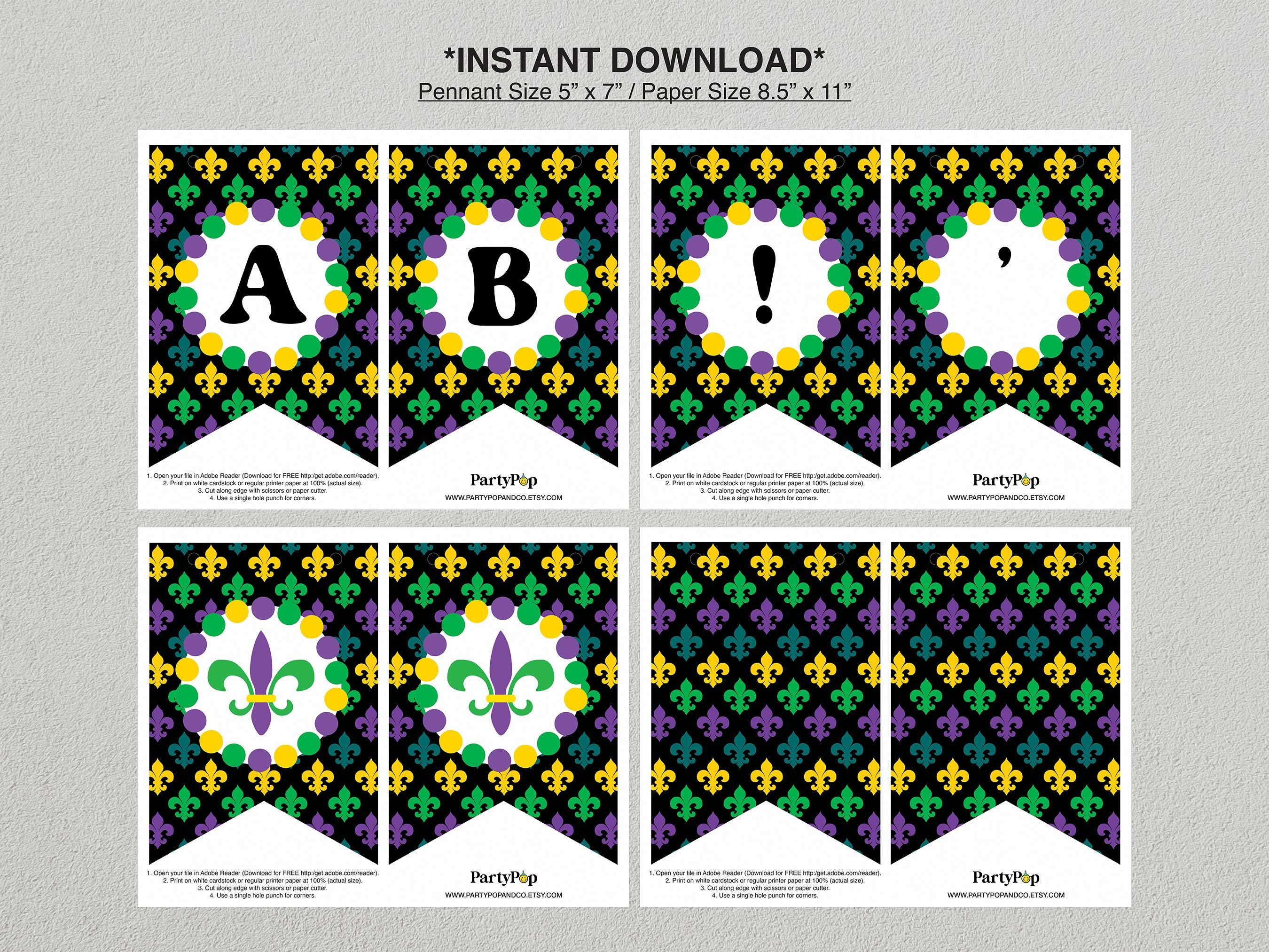 Mardi Gras Printable Banner, Mardi Gras Pennants, Fat Tuesday Party ...