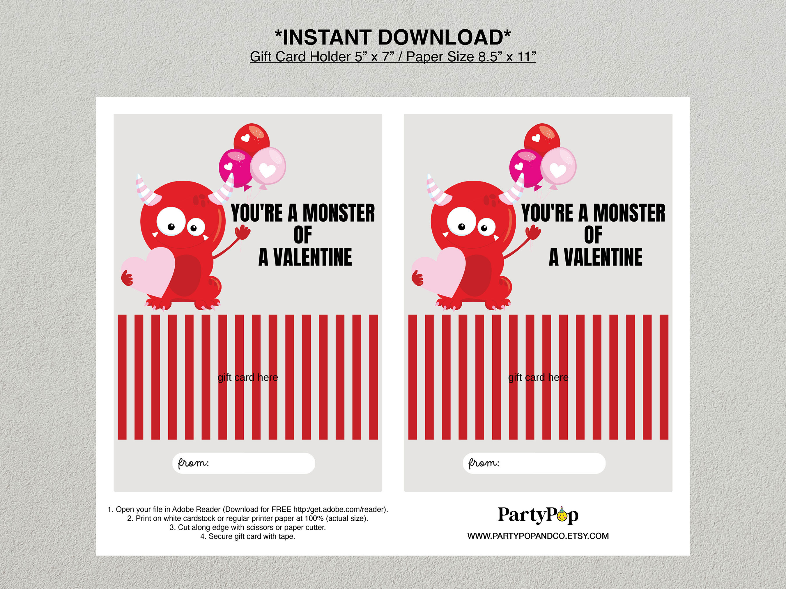 Valentines Printable Gift Card Holder, Valentine Cute Instant Download ...