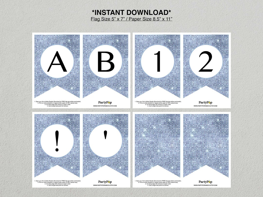 Light Blue Glitter Alphabet Banner, A-Z Numbers, Printable DIY Party ...
