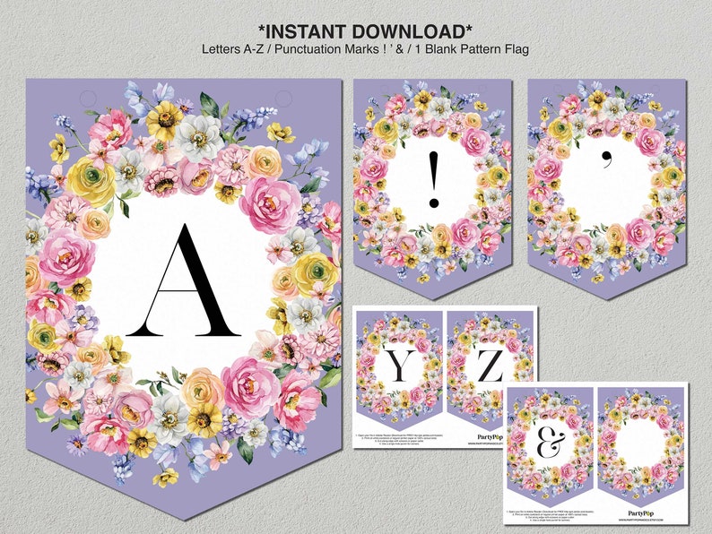 Purple Floral Banner Alphabet A-Z and Numbers, Bridal or Baby Shower ...